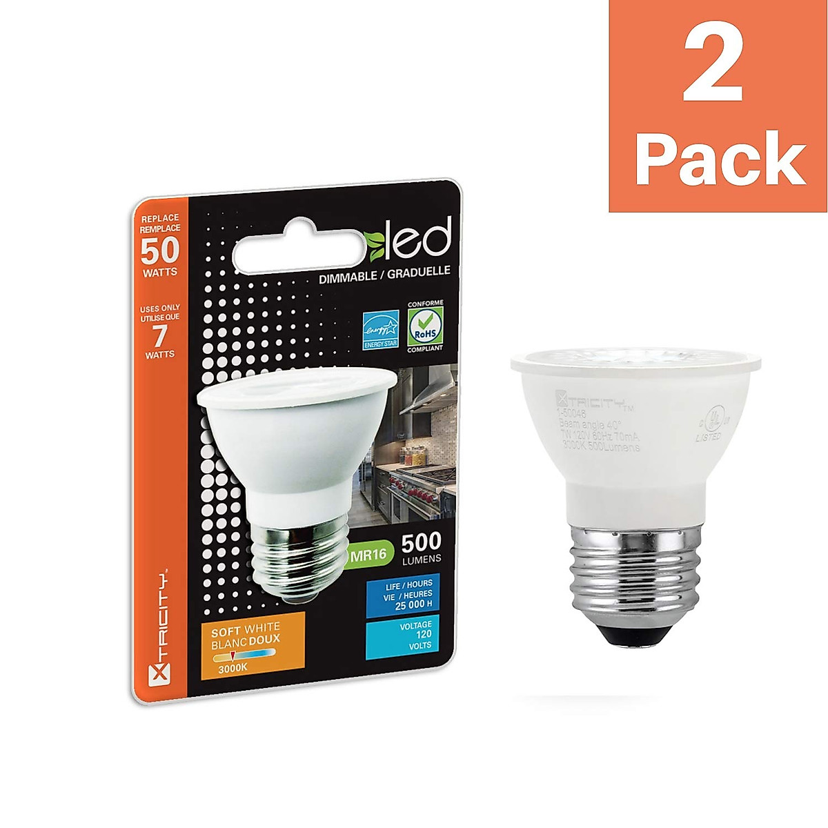 Xtricity LED PAR16 50W Equivalent (7W) Dimmable Spot Light Bulb, 500 Lumens, 3000k Soft White, 120V, Energy Star Certified, UL Listed (2 Pack)