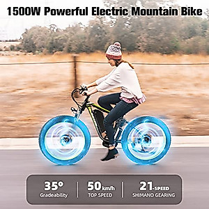 1500W Electric Bike for Adults, 26" Fat Tire Electric Mountain Bicycle, 48V 22.4Ah Removable Li-Ion Battery, Max 50Kph E-Bike Snow Beach,Electric Bicycle with Shimano 21 Speed Suspension Fork