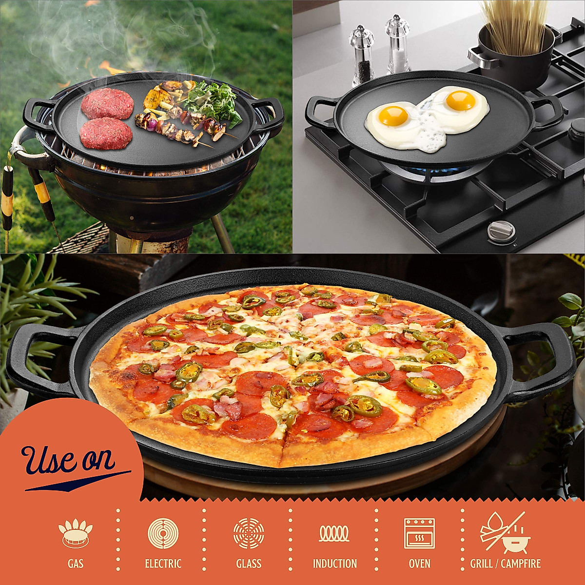 Legend Cast iron Pizza Pan | 14” Steel Pizza Cooker with Easy Grip Handles | Deep Stone for Oven or Griddle for Gas, Induction, Grilling | Lightly Pre-Seasoned Cookware Gets Better with Use
