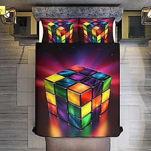 HotcoS Magic Cube ​Puzzle Comforter Set Queen 3 Pieces Bedding Set Lightweight Soft Bedding Comforter Sets for All Season with 1 Duvet Cover 86""x70"" 2 Pillow Shams 30'' X 20'', Style
