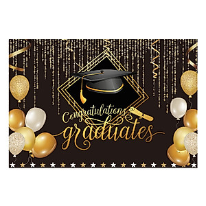 Funnytree 82" x 59" 2024 Class Graduation Photography Backdrop Black and Gold Bachelor Cap Balloon Grad Congrats Party Banner Background for Picture Photo Photobooth Decoration