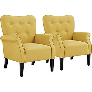 Yaheetech Modern Armchair, Mid Century Accent chair with Sturdy Wood Legs and High Back for Small Space, Upholstered Fabric Sofa Club Chair for Living Room/Bedroom/Office, Set of 2, Yellow