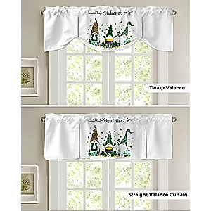Semi-Sheer Kitchen Valances for Windows, Adjustable Tie Up Valances Curtains Light Filtering, St Patrick's Day White Background Shamrock Gnomes and Gold Coin Elegant Window Toppers Valances 42x18in