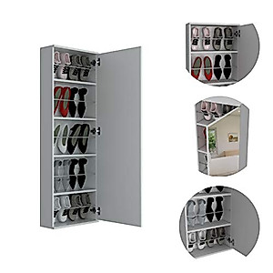 Tuhome Leto Mirror Door Wall Mounted Shoe Rack, 10-Pair Capacity, Light Grey