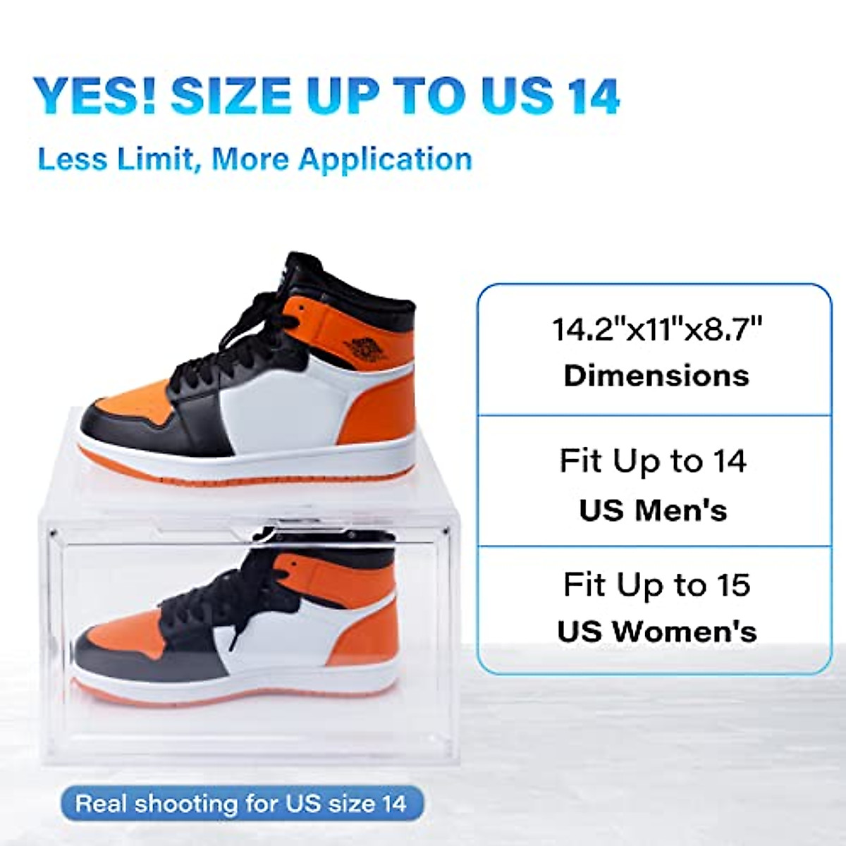 YOLOPARK Shoe boxes X-Large Clear Plastic Stackable Side Door Sneaker Display Case Pack of 4, Shoe Containers for Closet with Lids Shoe Storage Boxes Fit Size Up to US Men's 14 (4 Pack Clear)