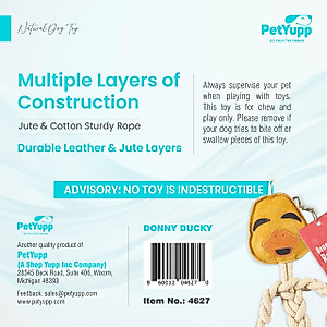 PetYupp Natural Cotton & Jute with Genuine Leather Rope Dog Chew Toy - 16" Long - Interactive Dog Toy for Teething Puppies, Small, & Medium Size Dogs, Promote Dental Health (Donny Ducky)