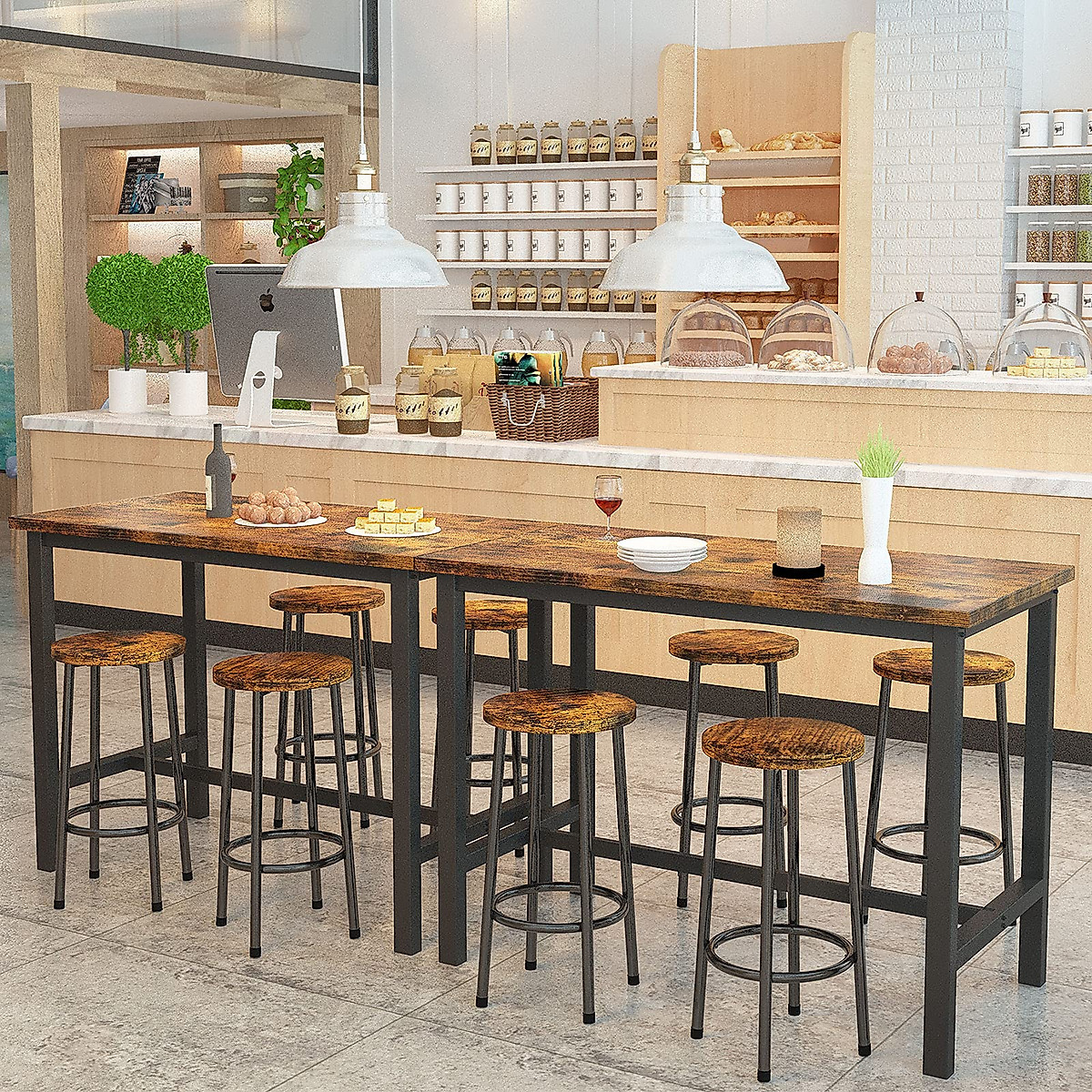 AWQM Dining Table Set for 4 Bar Table with Stools Industrial Counter Height Pub Table with 4 Chairs Bar Table and Chairs Set Kitchen Breakfast Table for Kitchen, Living Room, Industrial Brown