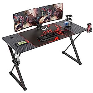 EUREKA ERGONOMIC Gaming Desk 55 Inch,PC Gaming Table, X Shaped Gaming Computer Desk with Mouse Pad, Carbon Fiber Home Office Gamer Desk with Cup Holder & Headphone Hook & Controller Stand,Black