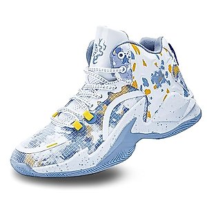 Promenie Men's High Top Basketball Shoes Fashionable Breathable Professional Outdoor Basketball Shoes White-Grey Size 9