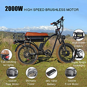 Accinouter SMLRO E5 Plus Electric Bike for Adults 20" x 4.0 Fat Tire with 2000W Dual Brushless Motor, 45 KM 30MPH Shimano 7 Speed MTB, 48V 18Ah Removable Battery, Cargo Bike