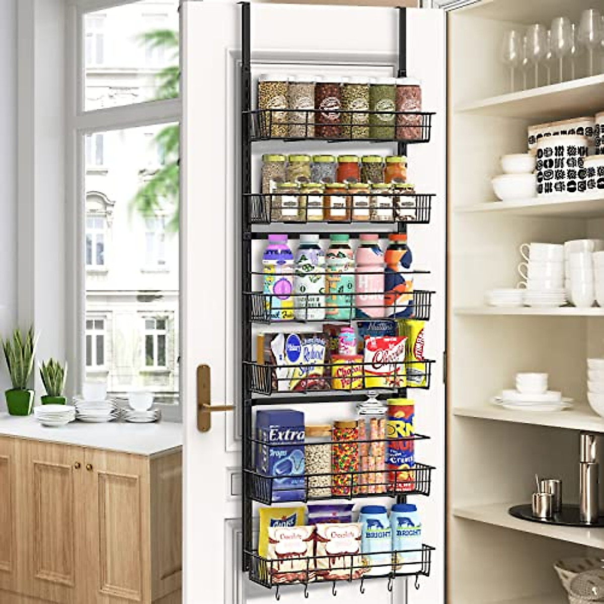Mefirt Over The Door Pantry Organizer, Wall Mount Spice Rack, 6 Adjustable Baskets and Dual-use (Multi-use) Heavy-Duty Metal Hanging Seasoning Rack-Kitchen Organization,Bathroom,Closet, Cabinet,Cans