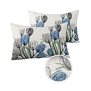 Vandarllin Outdoor Throw Pillows Covers 12X20 Set of 2 Waterproof Gray Blue Tulip Decorative Zippered Lumbar Cushion Covers for Patio Furniture, Spring Summer Flowers Floral