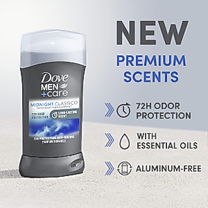 DOVE MEN + CARE Deodorant Stick for Men Midnight Classico 3 Count Aluminum Free 72-Hour Odor Protection Mens Deodorant With Essential Oils & 1/4 Moisturizing Cream 3oz