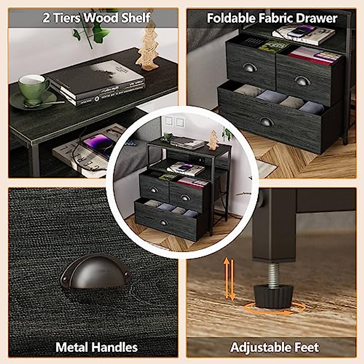 Furnulem Nightstand Set of 2, End Table with Charging Station, Industrial Bedside Tables with USB Ports & Power Outlets, 3 Fabric Drawer Dresser with Shelf for Bedroom, Living Room, Black Oak