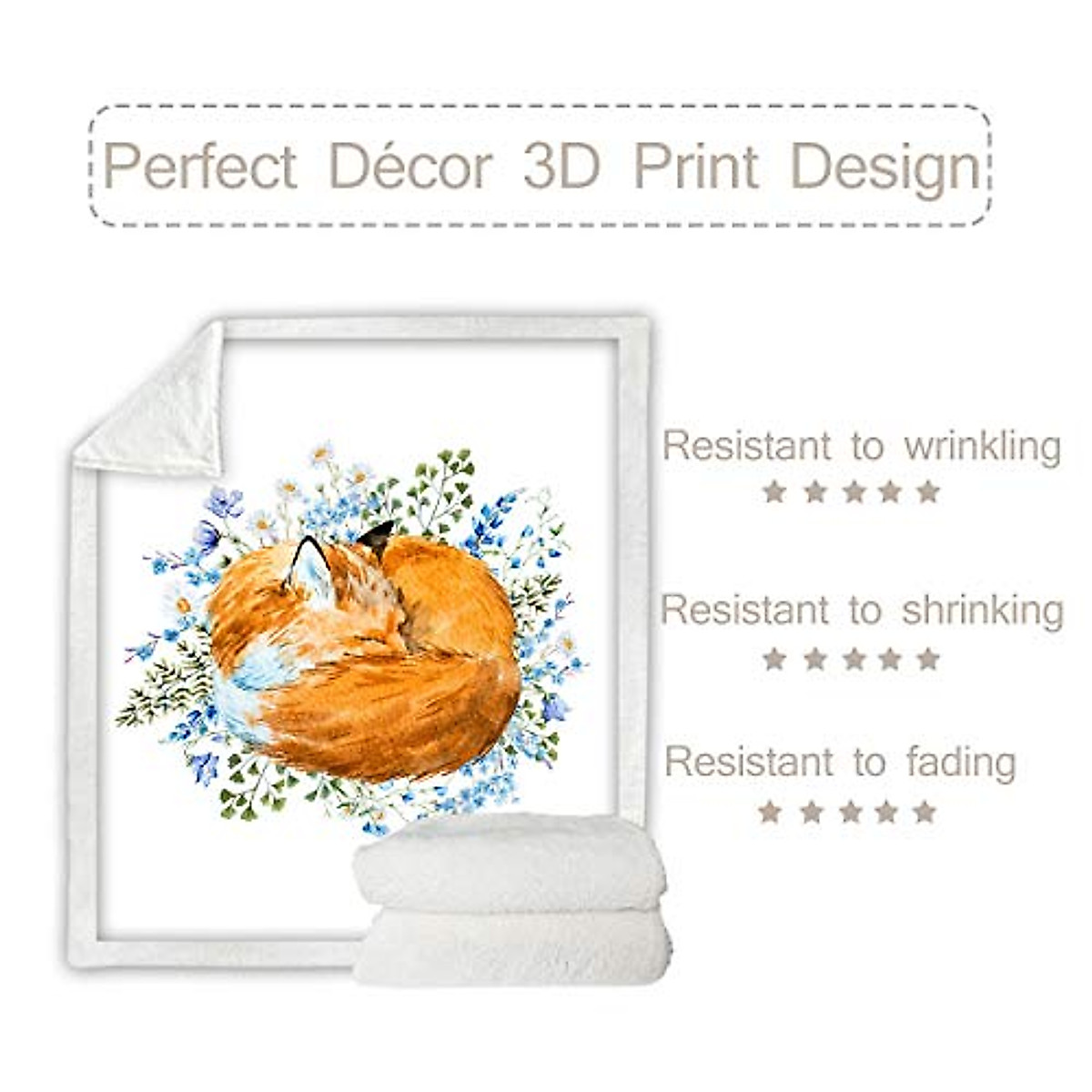 Sleepwish Watercolor Sleeping Fox Throw Blanket Red Fox Sherpa Blanket Watercolor Animals Art Reversible Soft Fleece Blanket for Couch Sofa and Bed Throw(50"x60")