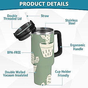 FRCSDIY Cactus Insulated Tumbler with Handle and Straw Lid,40oz Leakproof Stainless Steel Cup BPA-Free Water Bottle