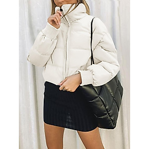 MEROKEETY Women's Winter Cropped Puffer Jacket Long Sleeve Oversized Stand Collar Zip-Up Short Coat