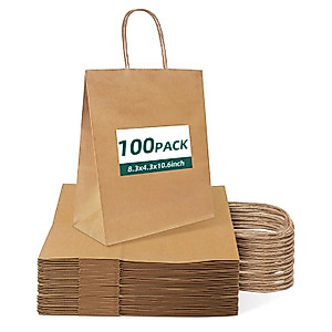 Colemoly Kraft Paper Bags 8.3x4.6x10.6 Inch 100Pcs Recyclable Brown Gift Bags with Handles for Retail, Boutiques, Corporate Gifting, Party Favors, and Small Business