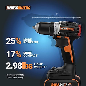 Worx Nitro 20V Cordless 1/2" Drill Driver with Brushless Motor, Compact & Lightweight Drill Set Only 6" and 3 lbs., Cordless Drill Power Share Compatible WX130L – Batteries & Charger Included