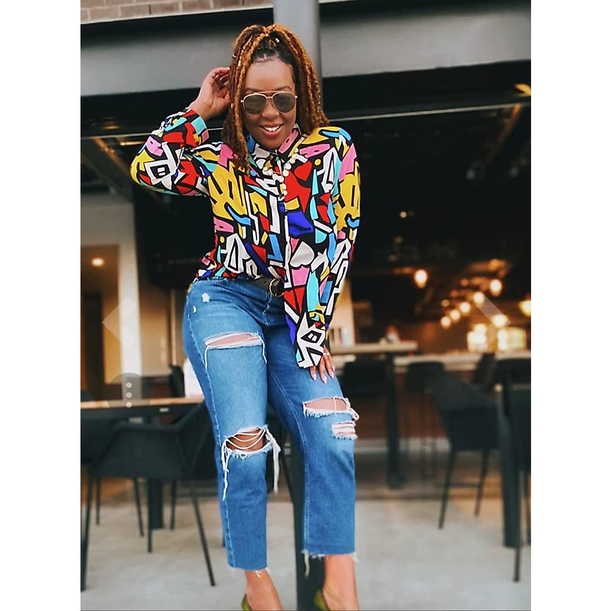 Blouses for Women Fashion, Casual Long Sleeve Button Down Shirts Tops, XS-3XL (Red Yellow Mix Colors, X-Small)