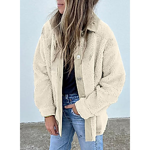 Dokotoo Women Winter Coat Turn-Down Collar Sherpa Jacket Women 2023 Fleece Shirt Jacket Button Down Women Coat Casual Long Sleeve Coats with Pockets Beige Medium