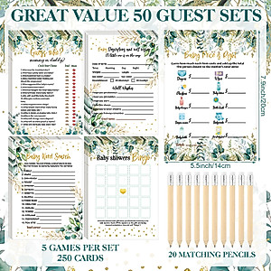 Patelai 321 Pcs Baby Shower Games Supplies, 5 Sets (50 Cards Each) Activities Cards with 20 Pencils 1 Don't Say Baby Sign 50 Clothespin(Greenery)