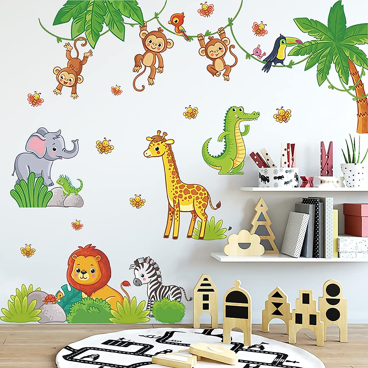 Supzone Jungle Animals Wall Sticker Cartoon Animal Wall Decal Monkey Giraffe Lion Zebra Elephant Wall Decor DIY Vinyl Mural Art for Kids Baby Nursery Bedroom Living Room Playroom