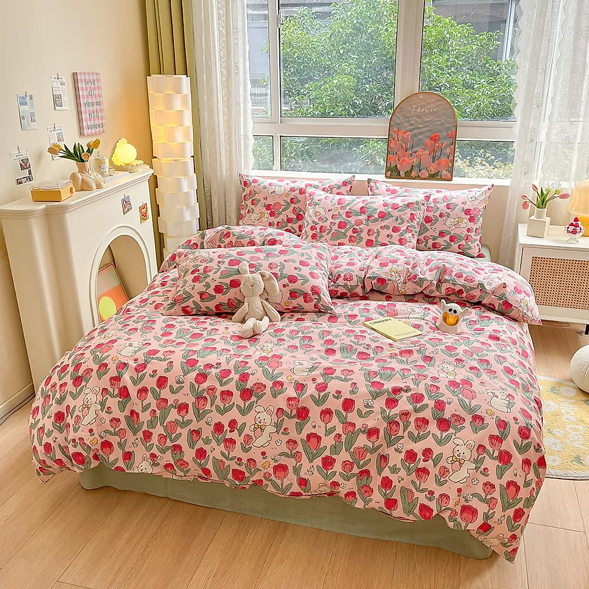 LIWHENHAO Rabbit Duvet Cover Set Queen 100% Cotton Bedding Cartoon White Bunny Red Flower on Pink 1 Cute Comforter Cover Full Zipper Closure 2 Pillowcases for Kids Girls Boys Woman
