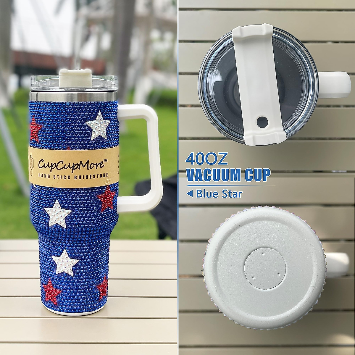 Cupcupmore 40oz Blue Star Bling Rhinestone Stainless Steel Sippy Tumbler Glitter Vacuum Insulated Water Bottle with Straw & Lid &Handle,Thermos for Hot & Cold Drinks,Car Cup Holder,Coffee
