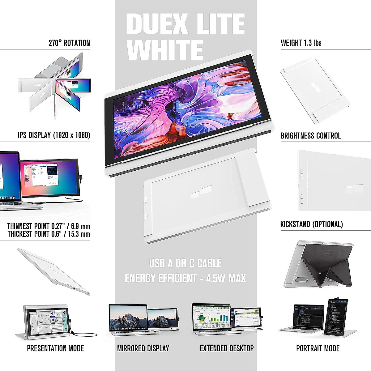 Duex Portable Monitor -Mobile Pixels Lite Laptop Monitor with 12.5" Full HD 1920x1080p IPS Display,USBC Monitor Extender,Plug and Play,Any Laptops Compatible (1x Grey and 1x White)