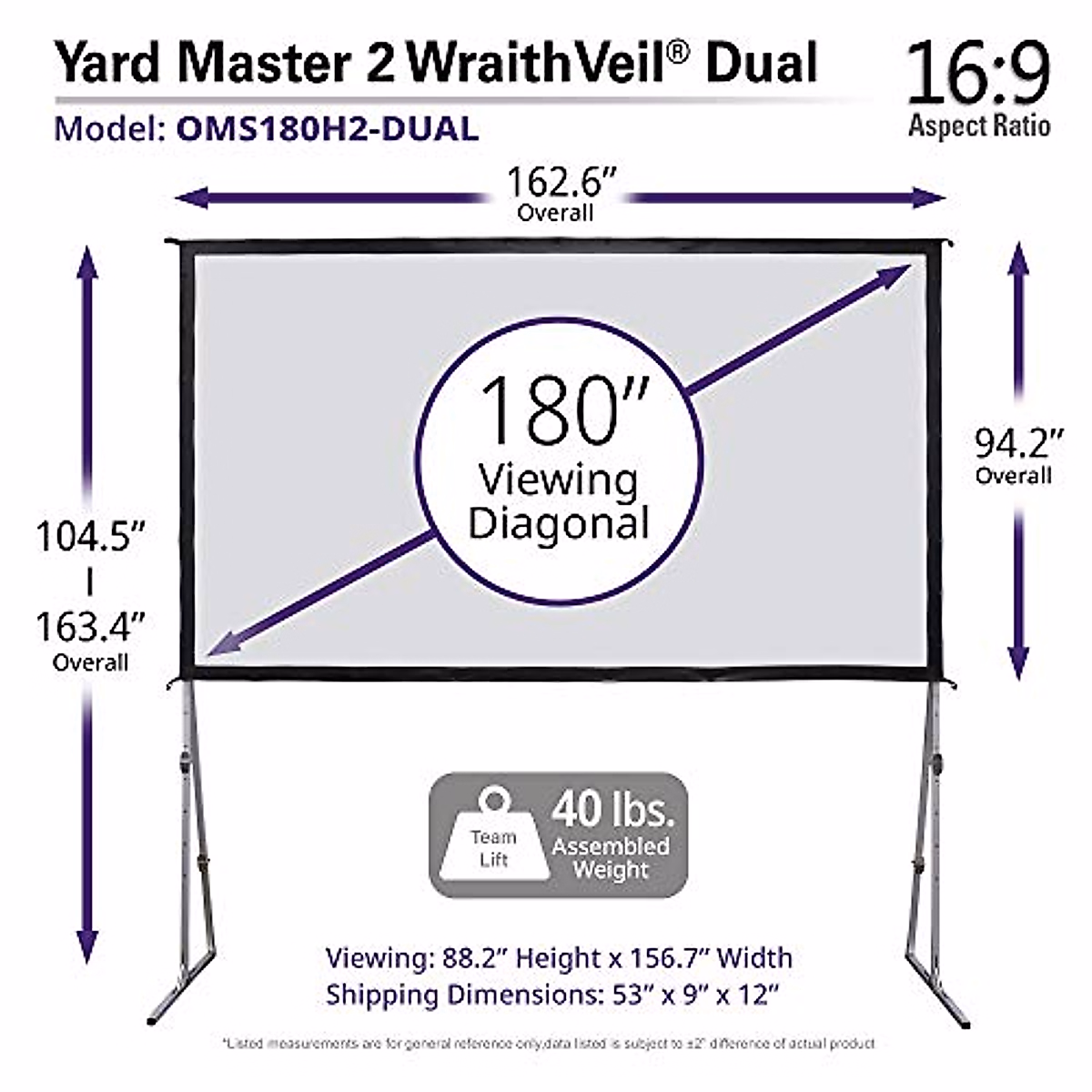 Elite Screens Yard Master 2 WraithVeil Projector Screen 180-INCH 16:9 Front and Rear 4K/8K Ultra HD Active 3D HDR Indoor Office OutdoorProjection Screens OMS180H2-DUAL US Based Company 2-YEAR WARRANTY