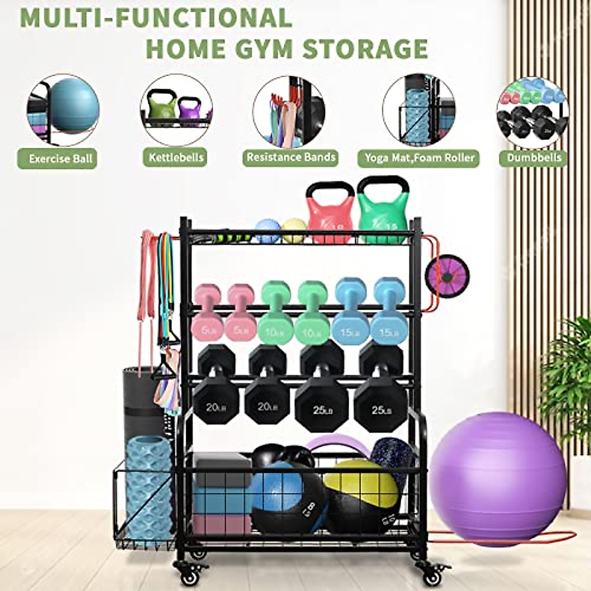 Weight Rack for Dumbbells, Dumbbell Rack Home Gym Storage Stand for Yoga Mat Kettlebells and Strength Training Fitness Equipment, Weight Holder Rack for Dumbbells with Wheels