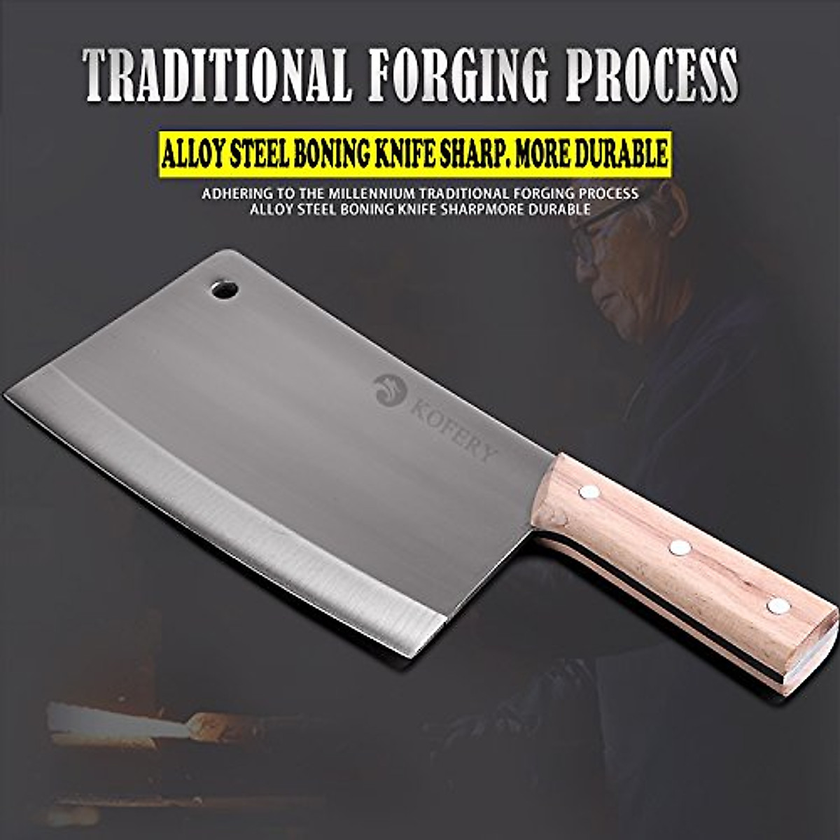 KOFERY 8-Inch Blade Handmade Forged Kitchen Stainless Steel Cleaver Chopper Butcher Knife Heavy-duty Cleaver with Full Tang Wooden Handle Chicken Bone Terminator L204