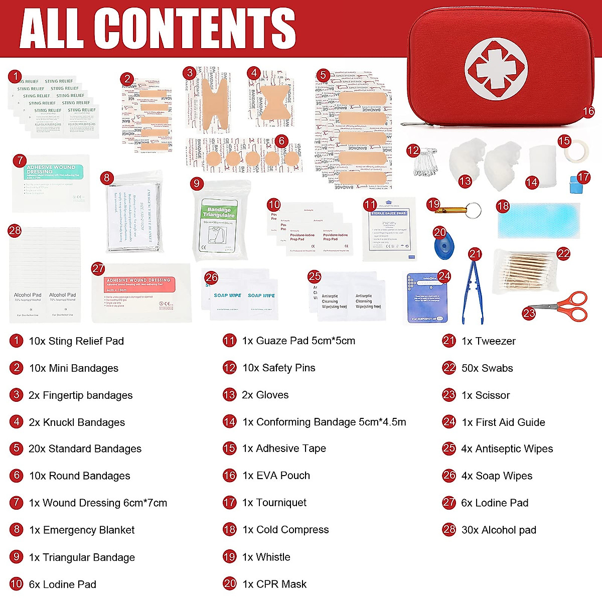 WEWAK First Aid Kit - 175pcs, Compact First Aid Kit with EVA Case and Bag, for The Car, Home, Boat, School, Camping, Hiking, Office, Sports