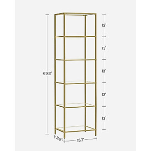 VASAGLE Bookcase, 6-Tier Bookshelf, Slim Shelving Unit for Bedroom, Bathroom, Home Office, Tempered Glass, Steel Frame, Gold Color ULGT500A01
