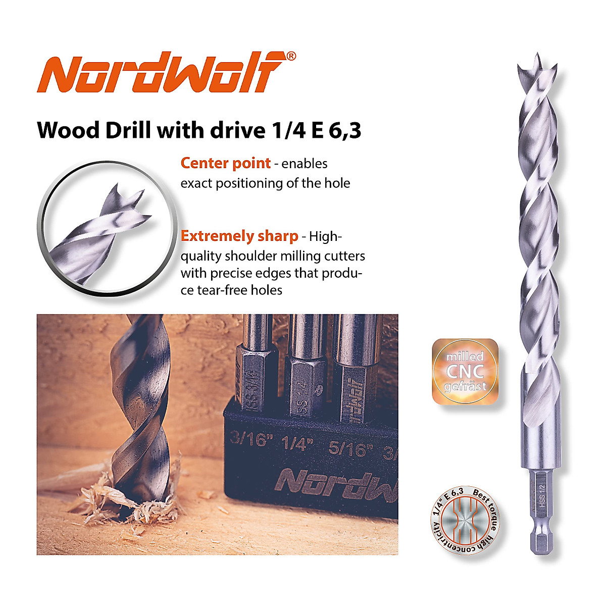 NordWolf 5-Piece HSS Brad Point Wood Drill Bit Set with 1/4" Hex Shank for Carpenter Woodworking, SAE Sizes 3/16"-1/4"-5/16"-3/8"-1/2"