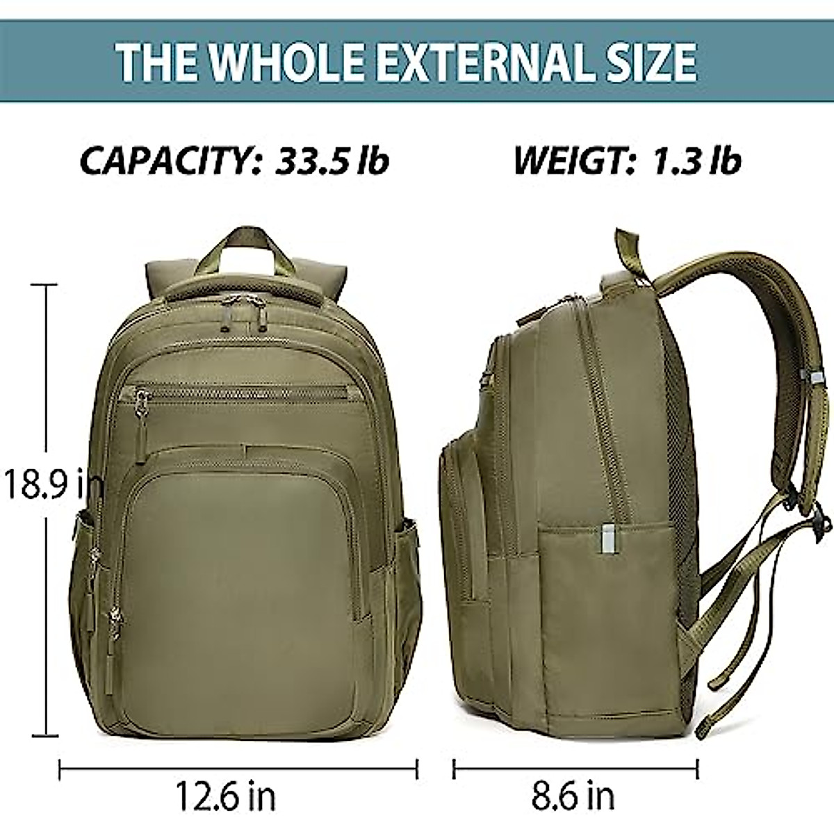 BLUEFATTY Laptop Backpack For Women Men Fits 17 Inch Waterproof Large Computer Backpack 33L Travel Backpack Lightweight Commute Bag For Hiking Work Gym(Green)