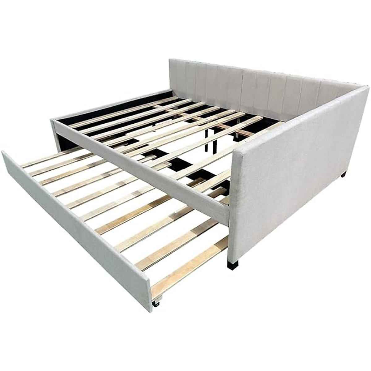 UOCFYK Full Upholstered Daybed with Trundle and Safety Fence,Sofa Bed Frame w/Put Out Sofa Bed Design for Guest Room, Bedroom,No Box Spring Needed, Beige