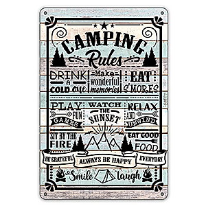 QIONGQI Funny Camping Rules Metal Tin Sign Wall Decor Farmhouse Rustic Camping Signs with Sayings for Home Camper Room Decor Gifts (Wooden Style)