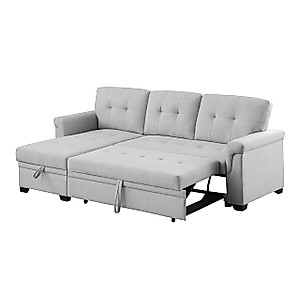 SONGG 84'' L-Shape Convertible Sleeper Sectional Sofa with Storage Chaise and Tufted Cushions, 3 Person Linen Upholstered Reversible Corner Couch w/Pull-Out Bed, for Living Room, Apartment