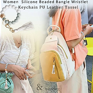 BIHRTC Portable House Car Keys Ring Holder Silicone Bead Bracelet Wristlet Keychain PU Leather Tassel Key Chain Keyring Wrist Band Bangle Car House Keys Ring Holder for Women Girls
