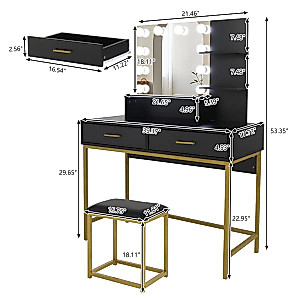 INXXCOROO Style Vanity Set with Lighted Mirror - Black Makeup Dresser with Stool