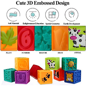 Kingtree Baby Blocks, 9PCS Soft Squeeze Building Blocks Stacking Toys for 6+ Months Babies, Baby Teething Chewing Educational Blocks Set with Numbers Animals Shapes Textures