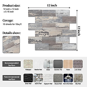 10-Pack Peel and Stick Tile Backsplash 11.3"X11.5" PVC Wall Tiles, Stick on Backsplash for Kitchen, Bathroom, Fireplace Décor, Laundry Table, Stair Decals in Light Rustic