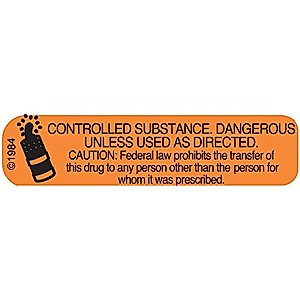 PHARMEX 1-322 Permanent Paper Label, Controlled SUB", 1 9/16" x 3/8", Orange (500 per Roll, 2 Rolls per Box)