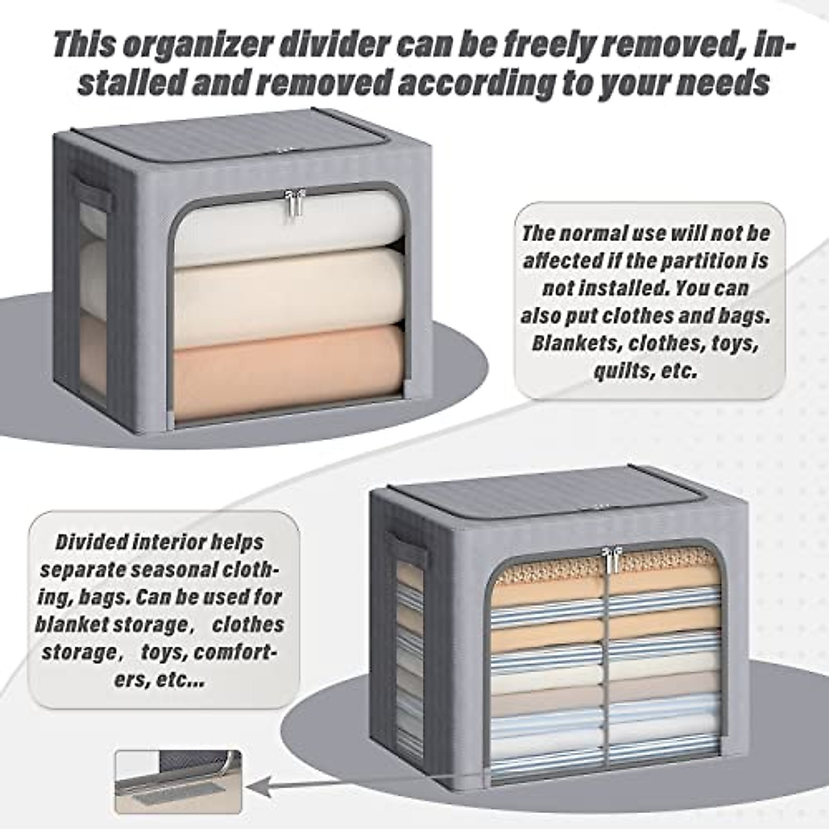 2Pack Stackable Storage Bins Oxford Frame Storage Box with Clear Window, Label Holder, Durable Carry Handles (Light Grey, 3x36L-15.7x11.8x11.8)