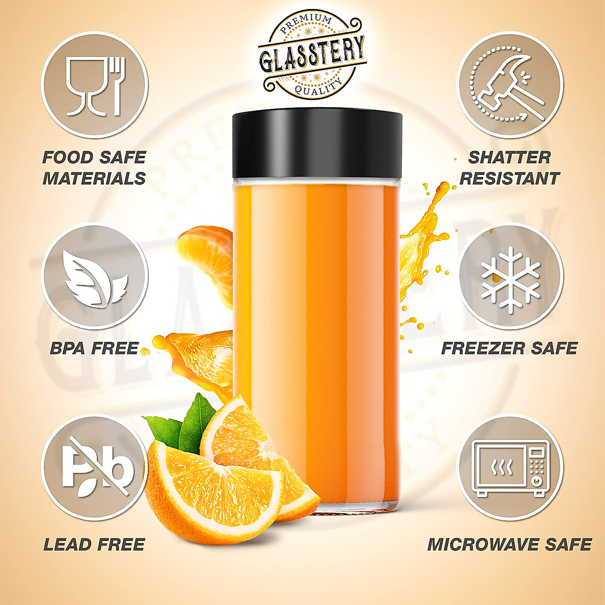 Glasstery Travel Glass Juicing Bottle - Jar Cups - Leak-proof Reusable Glass Water Bottle for Drinking Kombucha Tea Smoothies Milk – Shatter-Resistant Glass Jars with Lids (8, Glass)