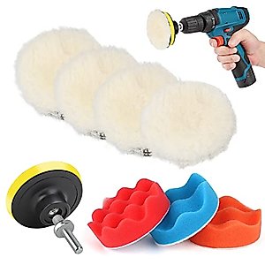 8 Pcs Drill Polishing Pad Kit, 4 Pcs 3 Inch Wool Buffing Polishing Pads & 3 Pcs Buffing Sponge, Hook & Loop Backing Pad with M10 Drill Adapter for Car Buffer Polisher Compounding, Polishing and Waxing