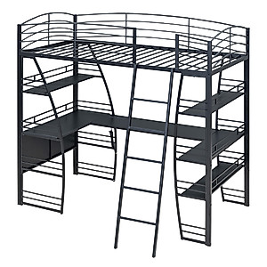 LAVHOME Twin Size Loft Bed with 4 Layers of Shelves and L-Shaped Desk, Stylish Metal Frame Bed with a Set of Sockets, USB Ports and and Wireless Charging (Black)