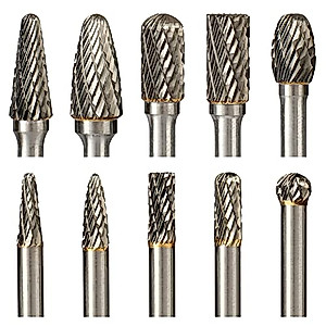 Carbide Burr Set Die Grinder Bits Rotary Tool Bits 1/4" Shank 10 PC Double Cut Wood Carving Accessories Cutting Burrs Metal Grinding Engraving Polishing Porting Trimming